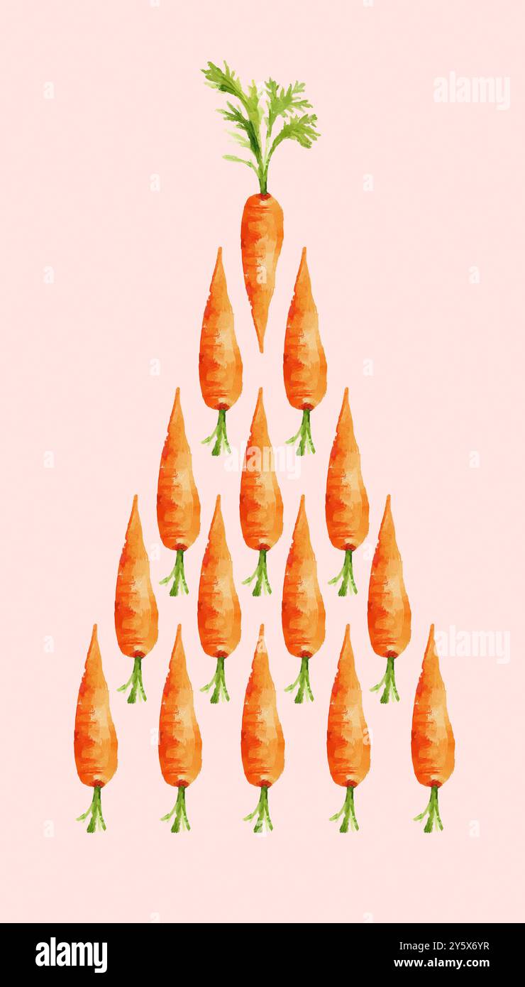 A group of watercolor carrots arranged in an inverted triangle ...