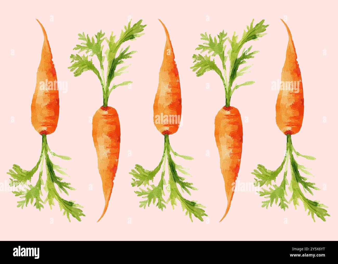 Five watercolor carrots with green tops on a light pink background ...