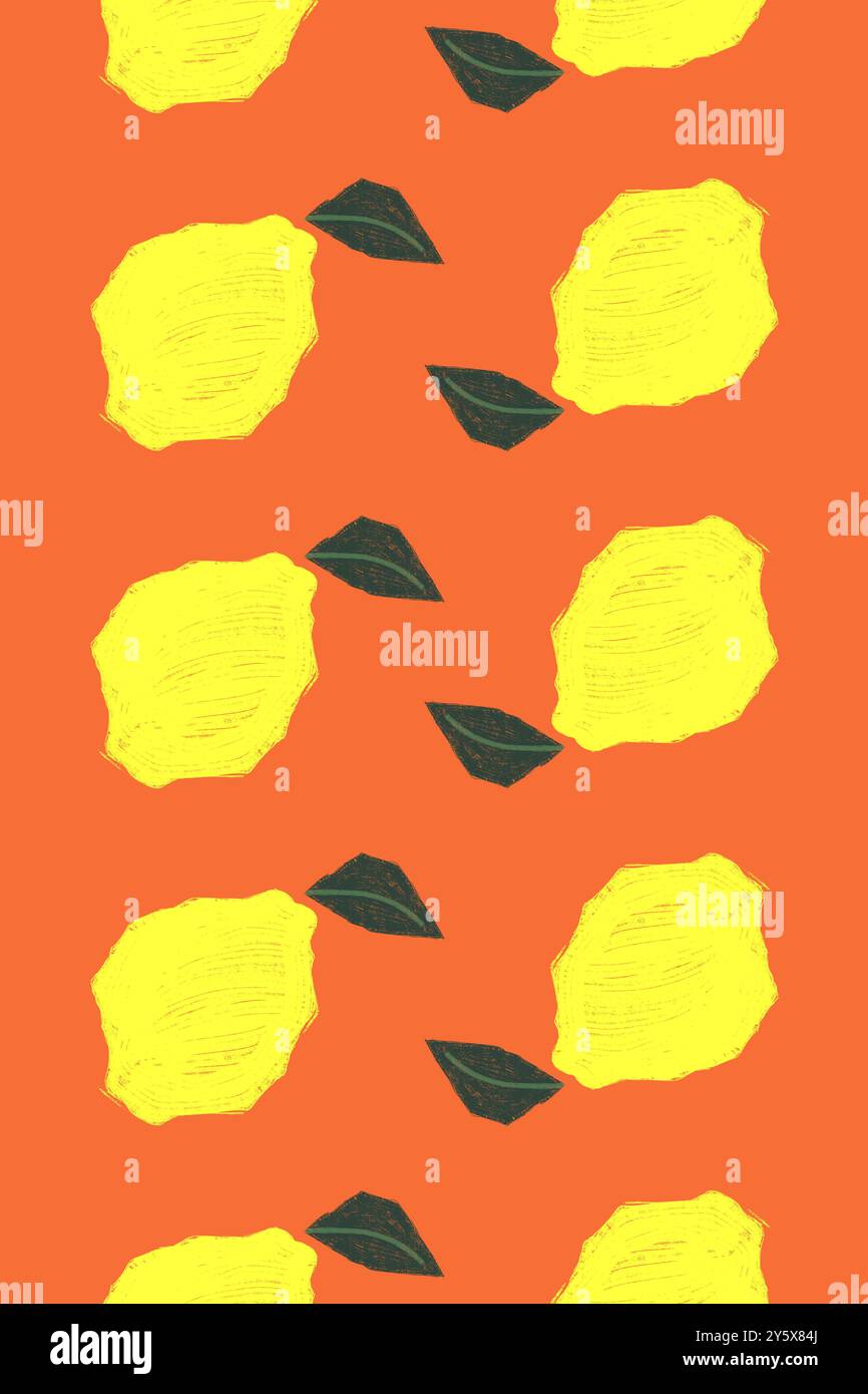 Hand-drawn lemons and leaves pattern on a vibrant red background Stock ...