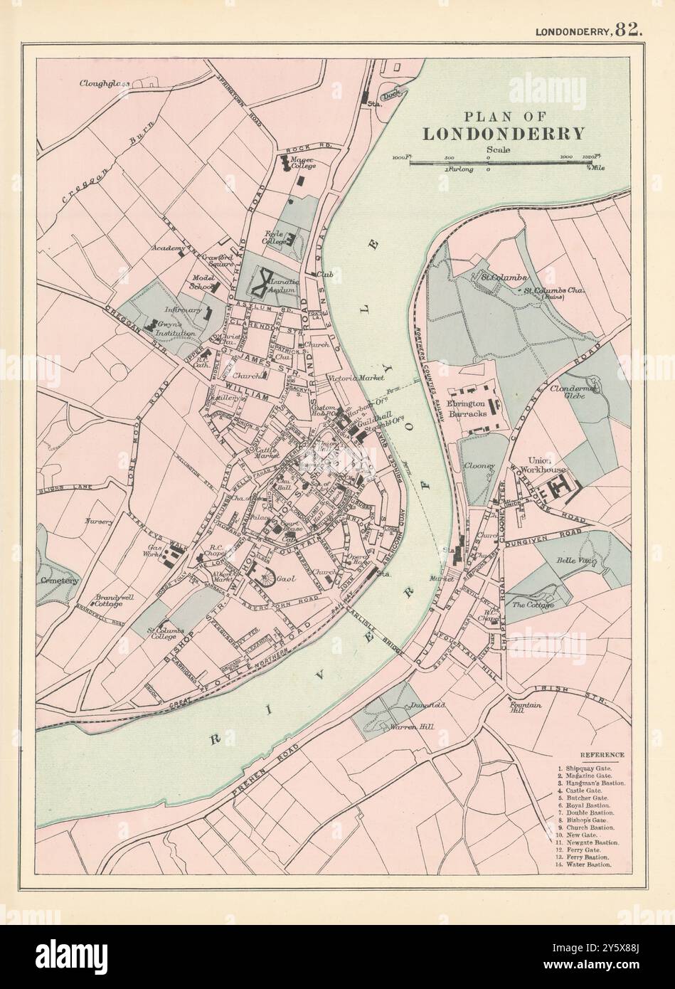 LONDONDERRY town city plan. Foyle Brandywell Dungiven Road. BACON 1895 ...