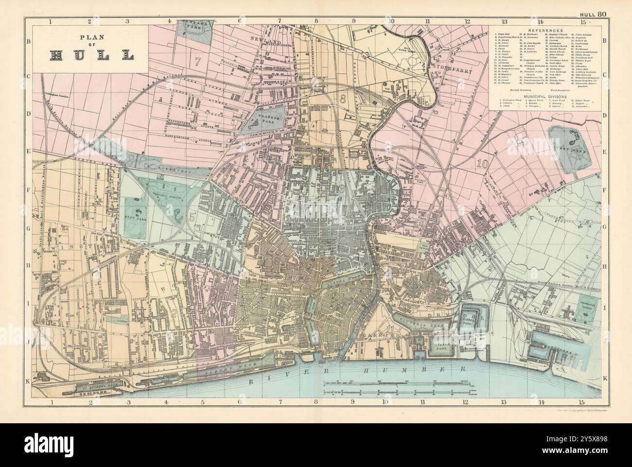 HULL Kingston Upon Hull antique town city plan by GW BACON Yorkshire ...