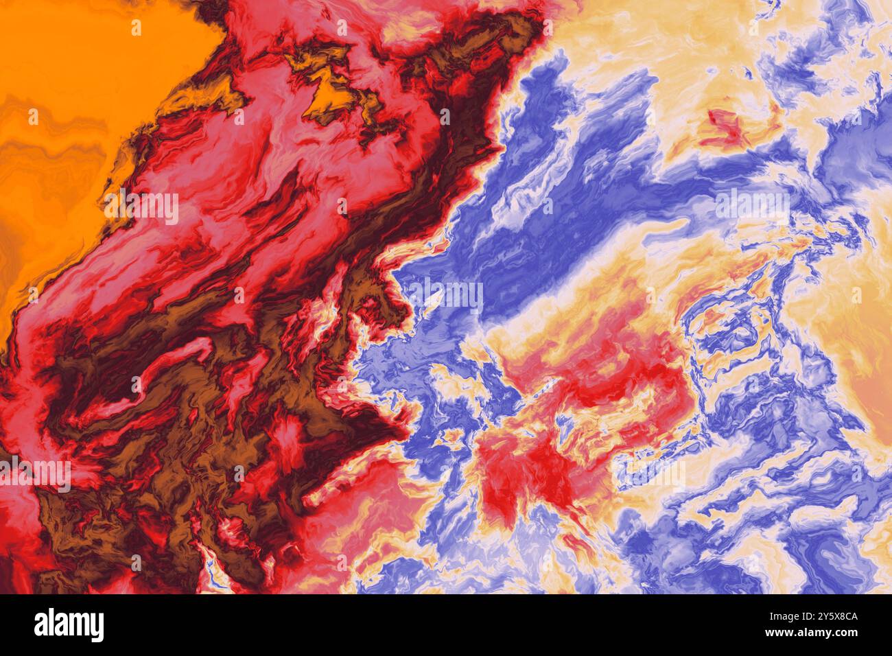 Abstract painting with swirling patterns in vivid shades of red, orange ...