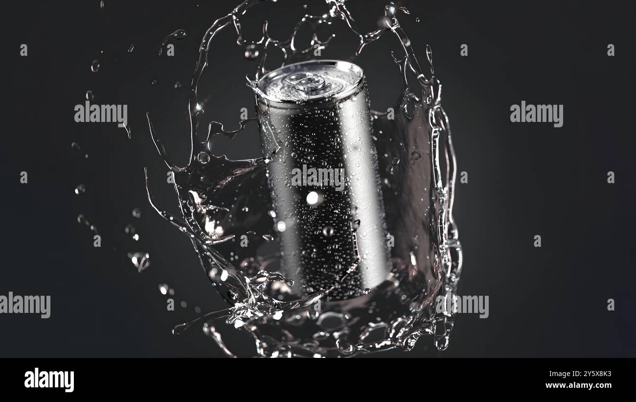 Black 280 ml soda can with drops splash mockup, depth of field Stock ...