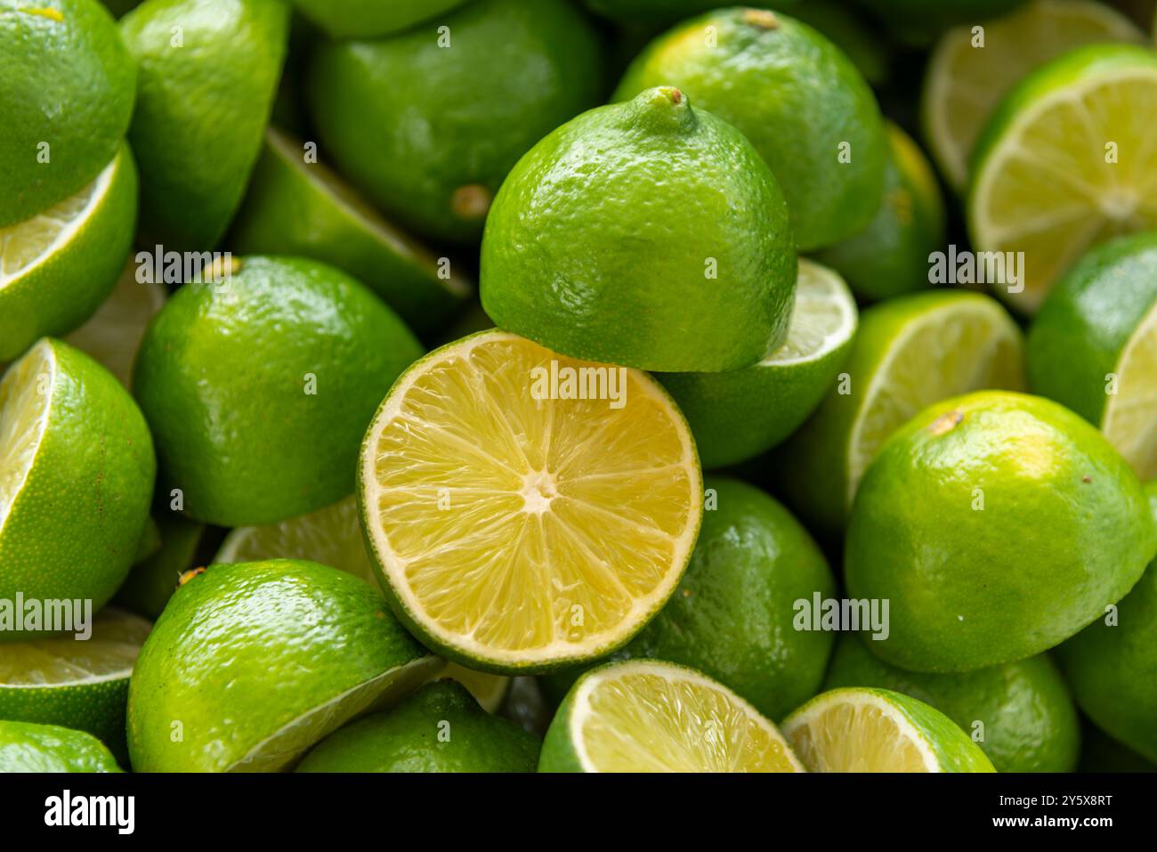 Lime cut on blurred background of several lime greens in top view Stock ...