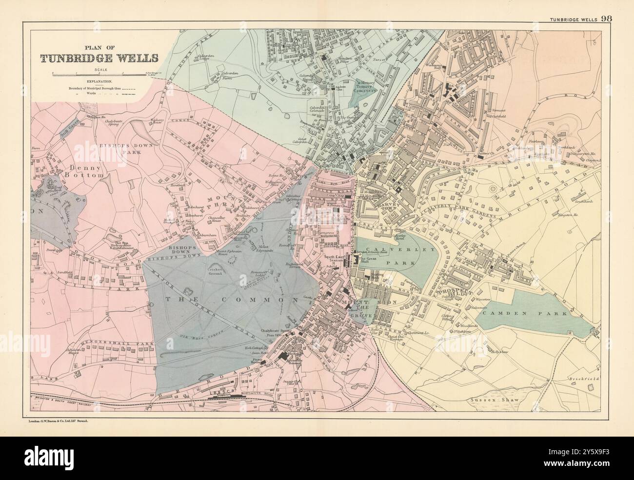 TUNBRIDGE WELLS & Rusthall antique town city plan GW BACON 1895 old map ...
