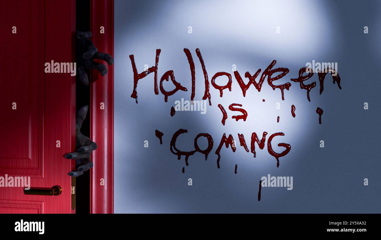 Scary hands opening a red door, with a bloody message on the wall ...