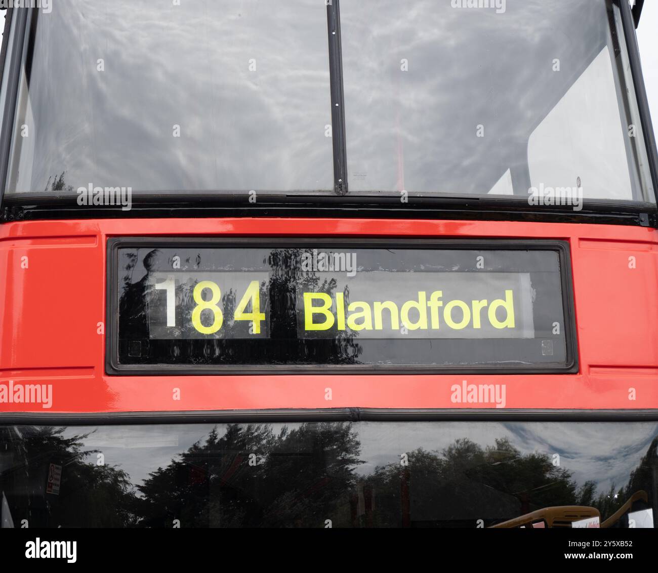 Closeup of Bus destination showing 184 Blandford Stock Photo - Alamy