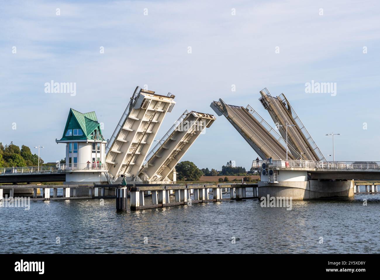 Schleibrücke bridge near Kappeln with open flaps and pilot house. The ...