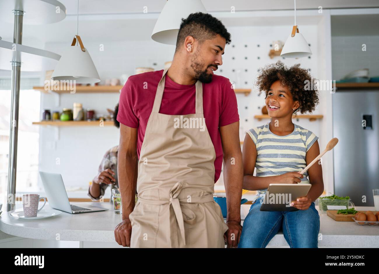 Happy african american single dad spends happy moments with his ...