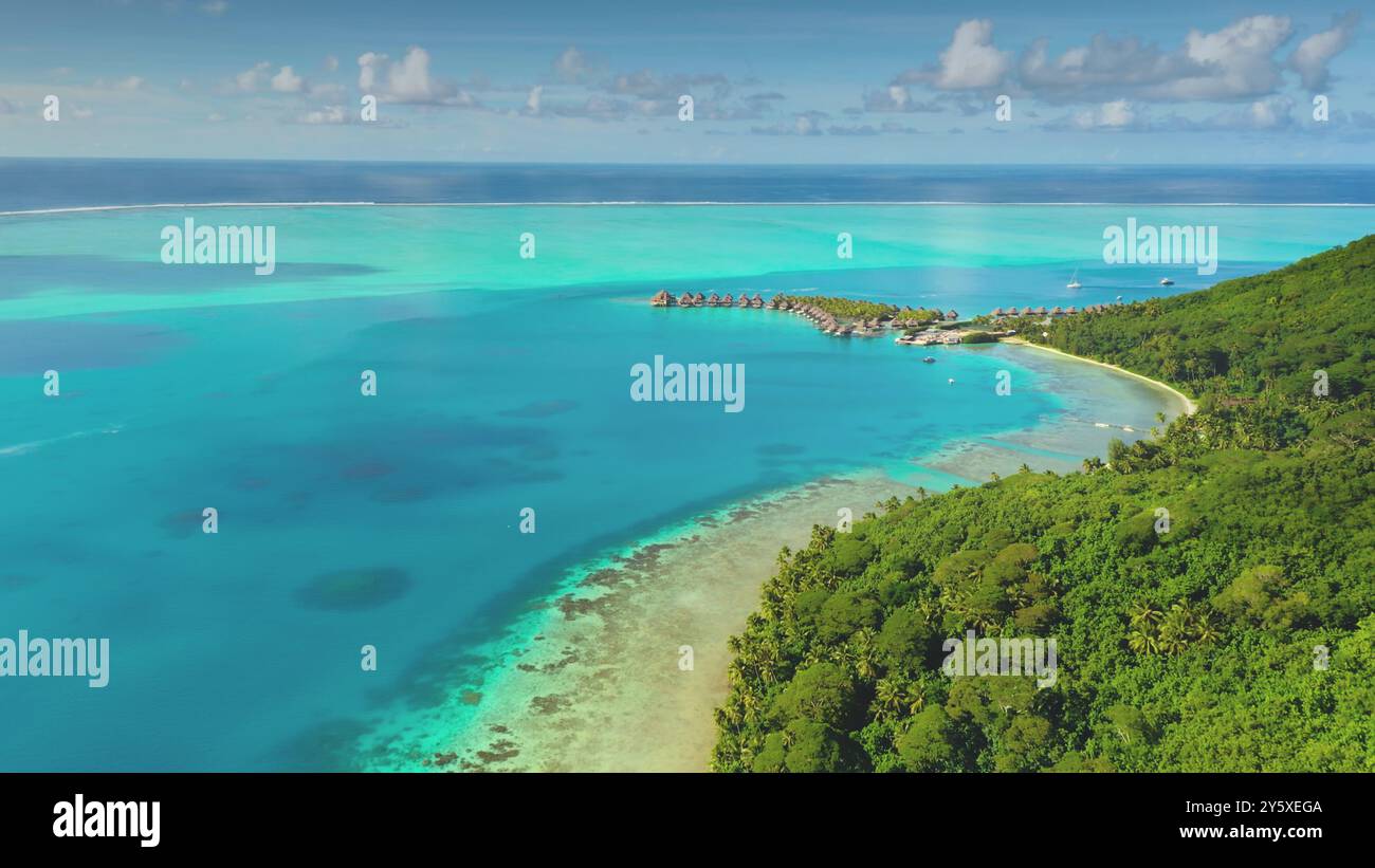 Aerial panoramic landscape of turquoise lagoon water,ocean coral reefs ...