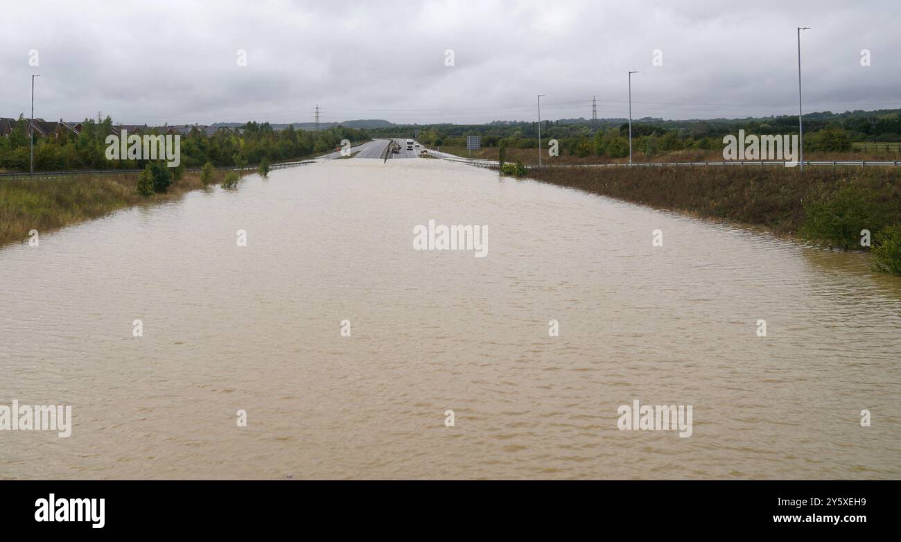 Flood water on the A421 in Marston Moretaine, Bedfordshire. Parts of ...