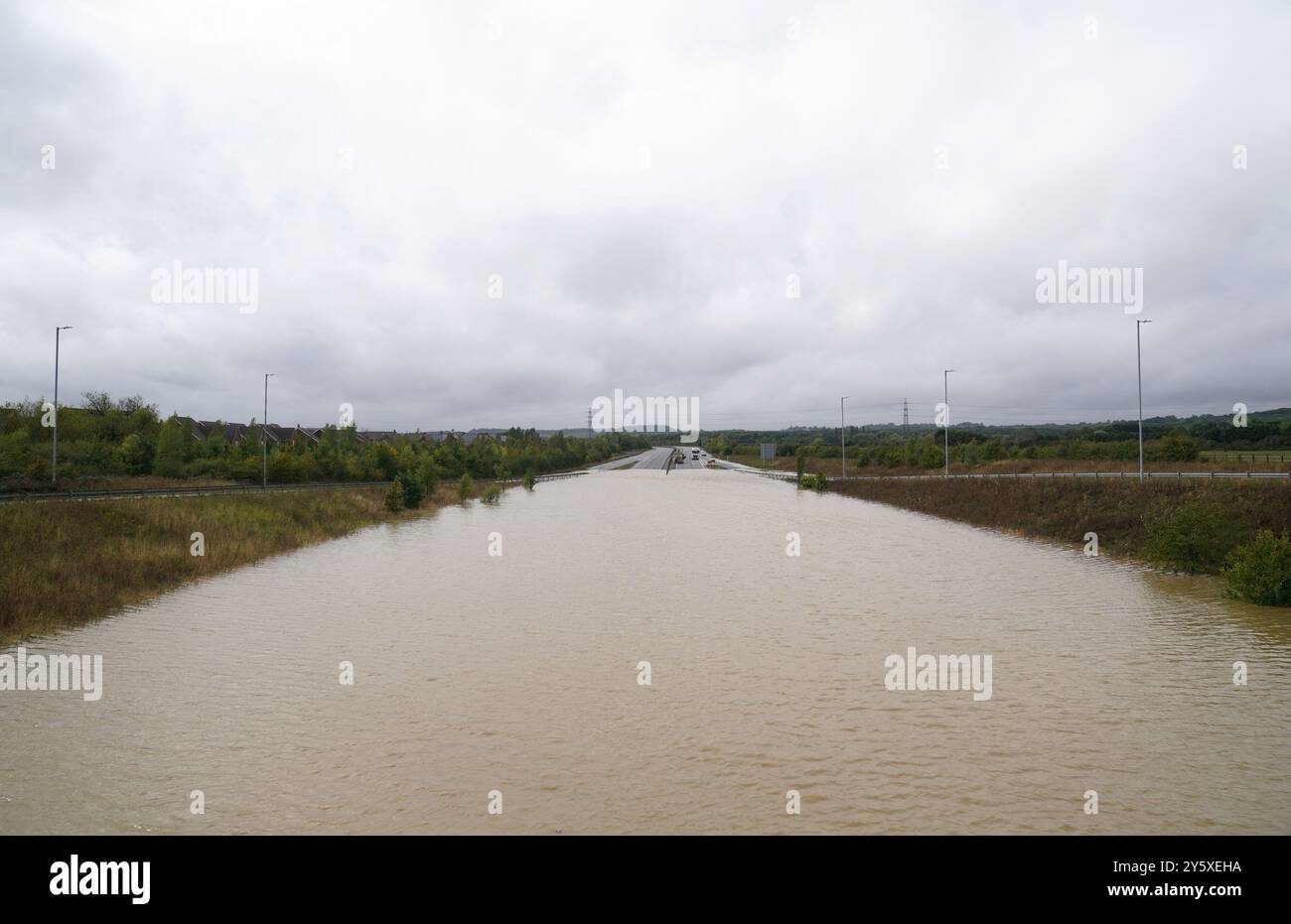 Flood water on the A421 in Marston Moretaine, Bedfordshire. Parts of ...