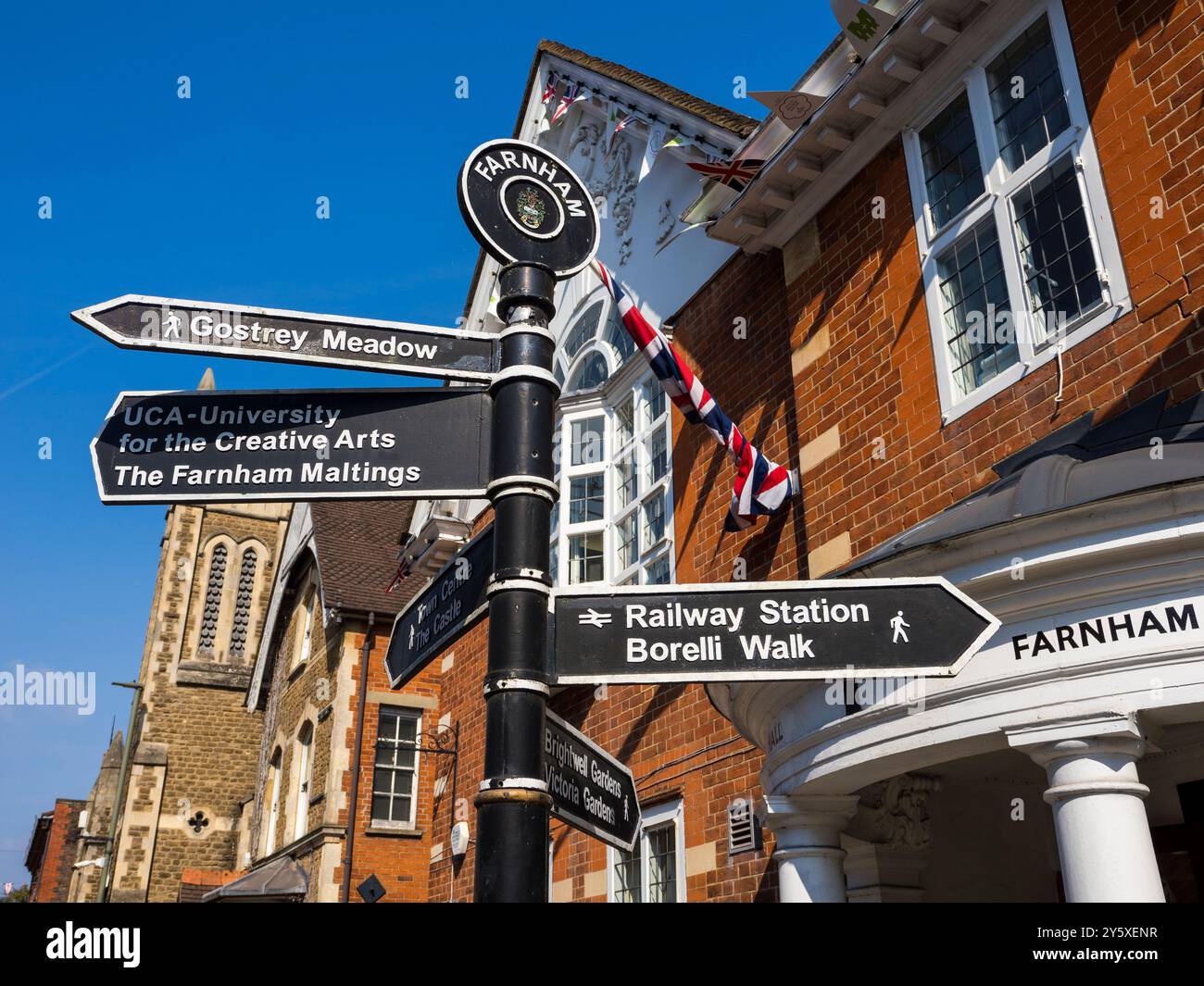 Signpost Giving Directions, Farnham Town Hall, Farnham, Surrey, England ...