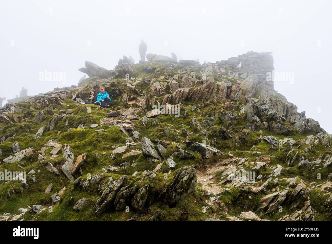 The summit of Mount Snowdon covered in cloud with walkers unable to see ...