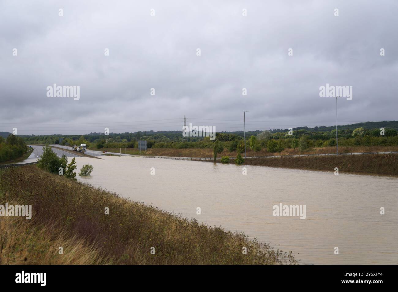 Flood water on the A421 in Marston Moretaine, Bedfordshire. Parts of ...