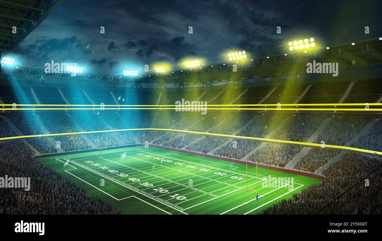 Aerial view of nighttime American football stadium with brightly lit ...