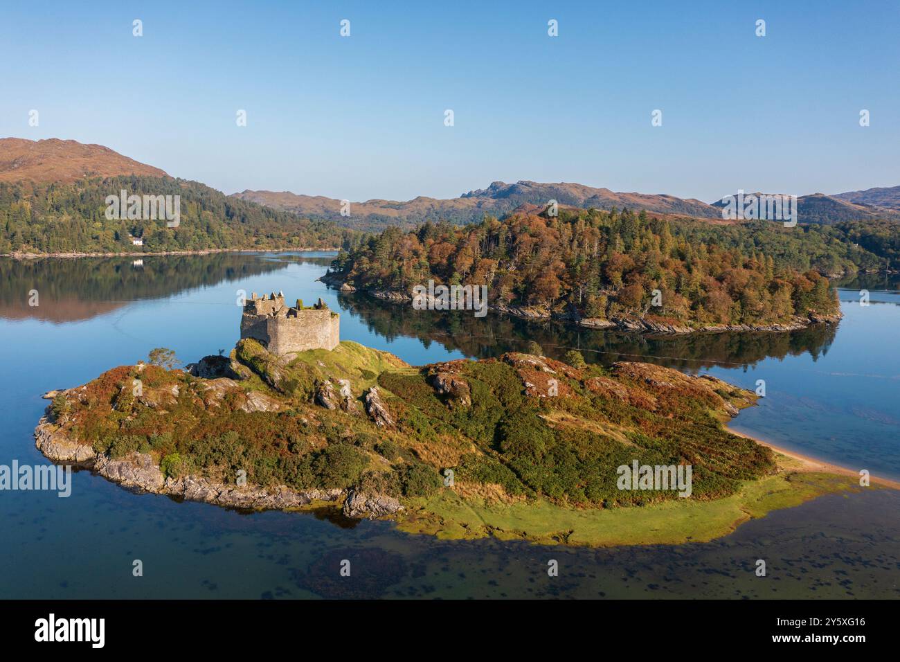 Aerial view of Tioram Castle, Loch Moidart, Lochaber, Scotland, UK ...