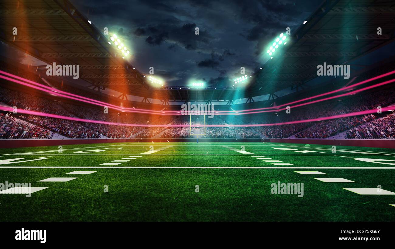 Wide angle view of American football stadium with brightly lit lights ...
