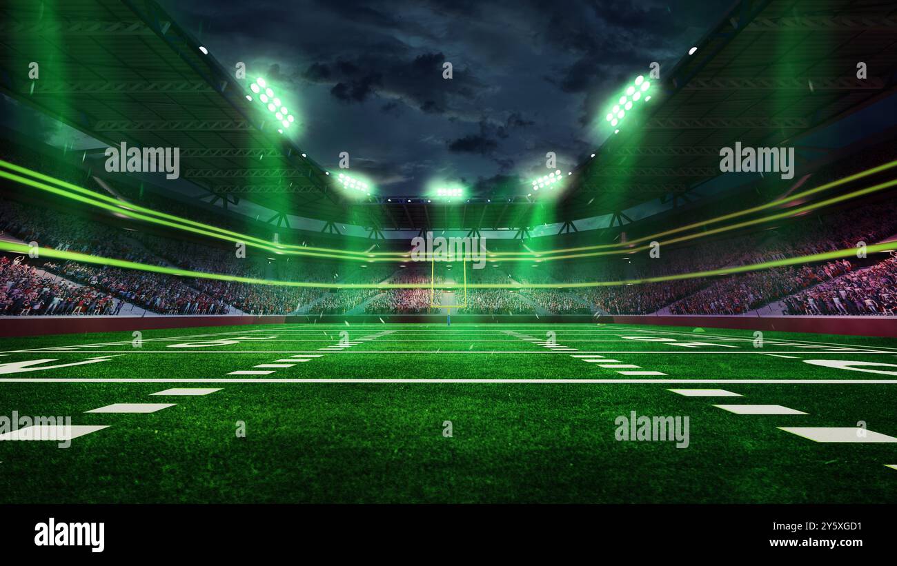 3D render of American football stadium with brightly lit green lights ...