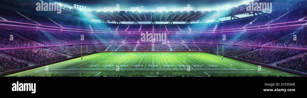 Cinematic view of American football stadium with brightly lit blue and ...