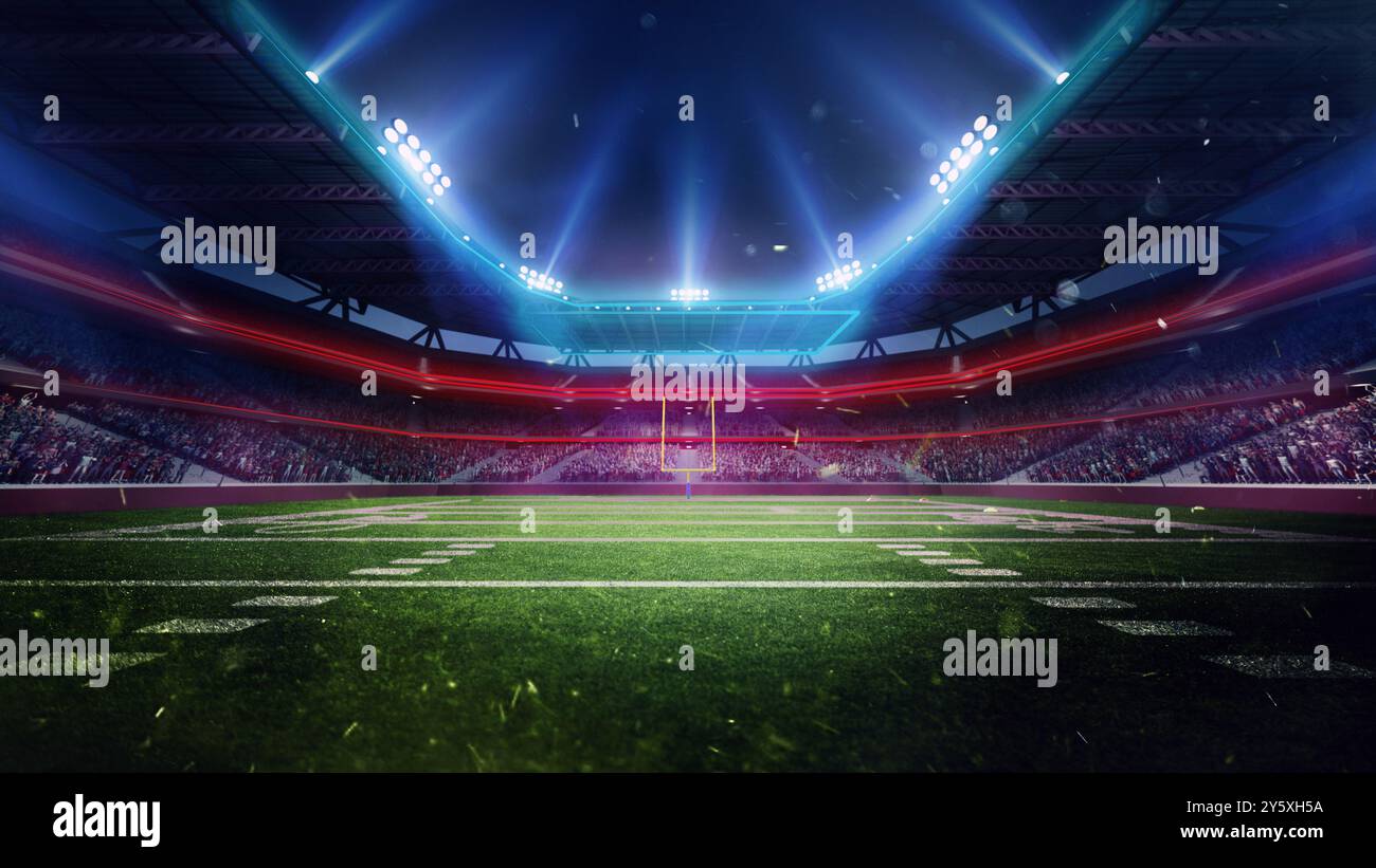3D render of brightly lit American football stadium with packed crowd ...
