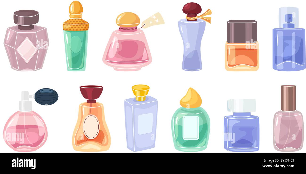 Cartoon perfume bottles. Aroma water, fragrant essences glass bottle ...