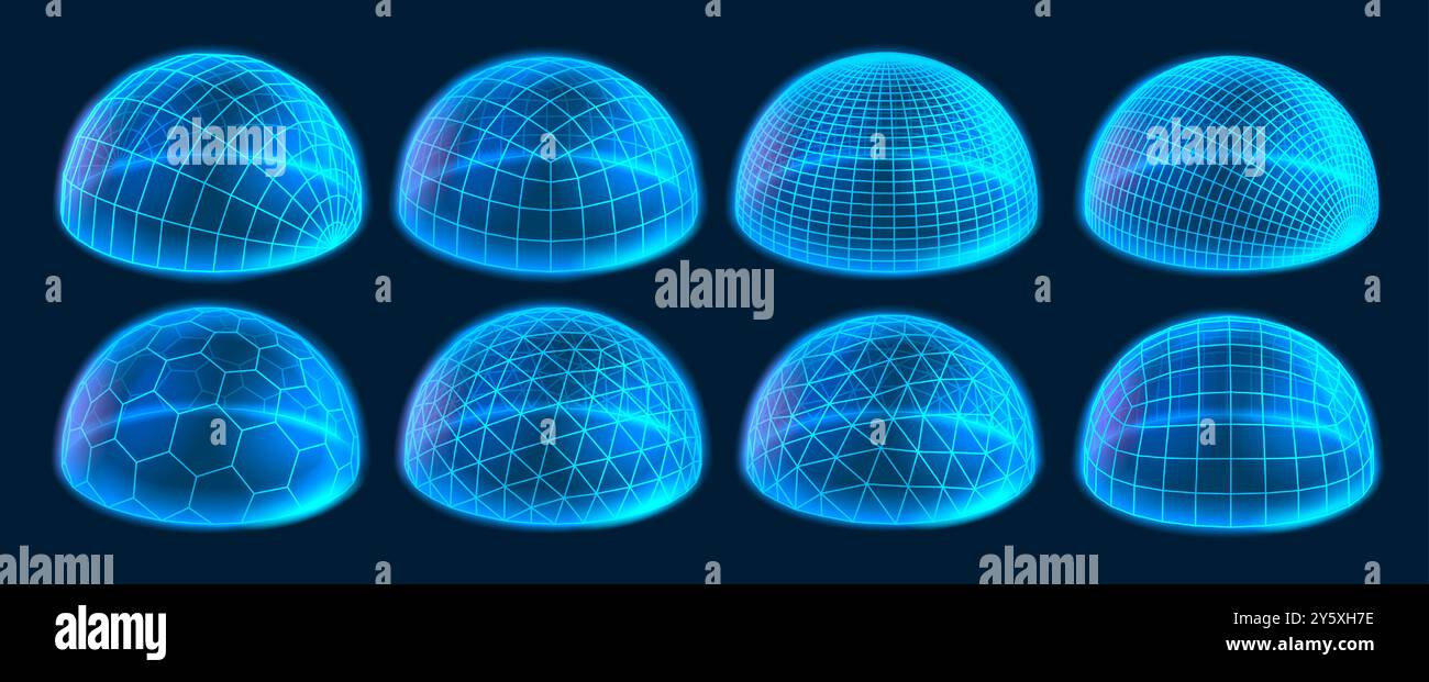 Wireframe dome shields. Secure protection field, digital holographic ...