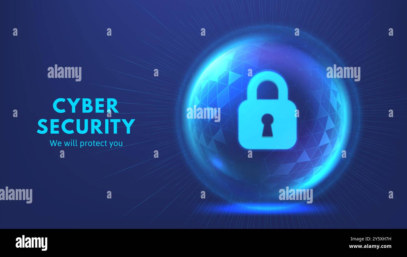 Secure lock. Cybersecurity shield sphere with glowing lock icon ...