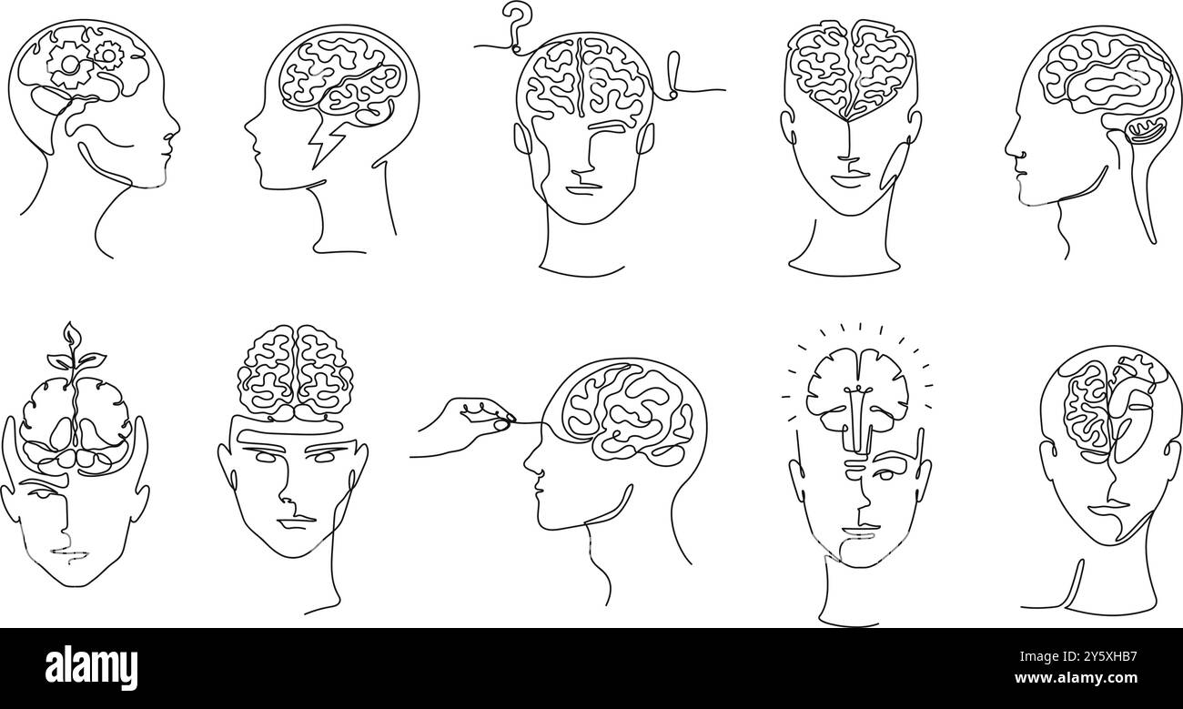 Continuous one line mind. Human head with brain, creative thinking ...