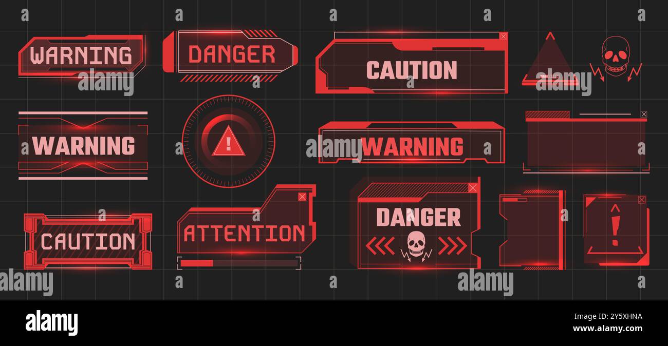 Cyber danger badges. Futuristic warning message, attention alert in ...