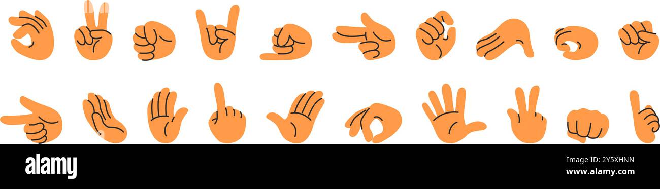 Doodle hands gestures. Hand signs for pointing finger, holding, pinch, punching fist and waving ...