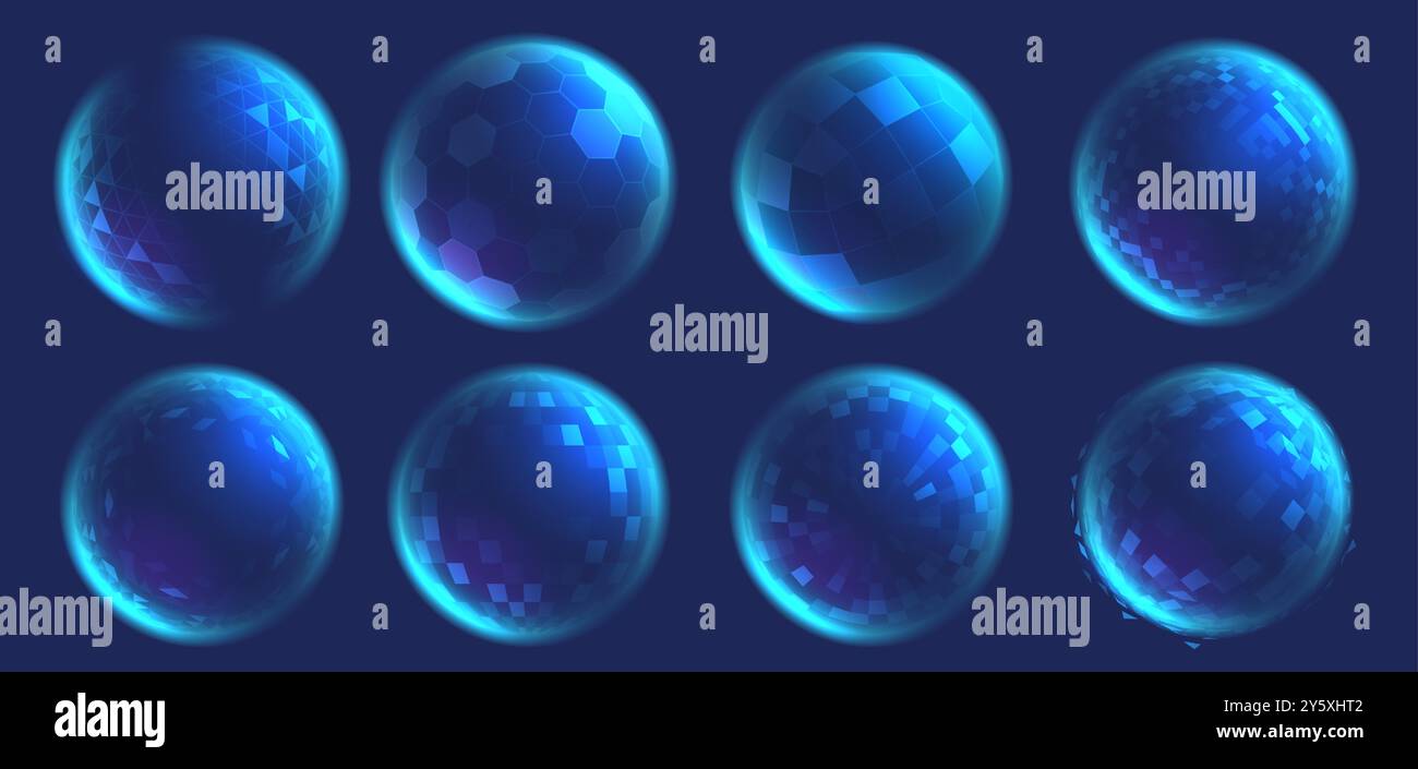 Wireframe sphere shields. Glowing digital bubble, secure 3D grid circle ...