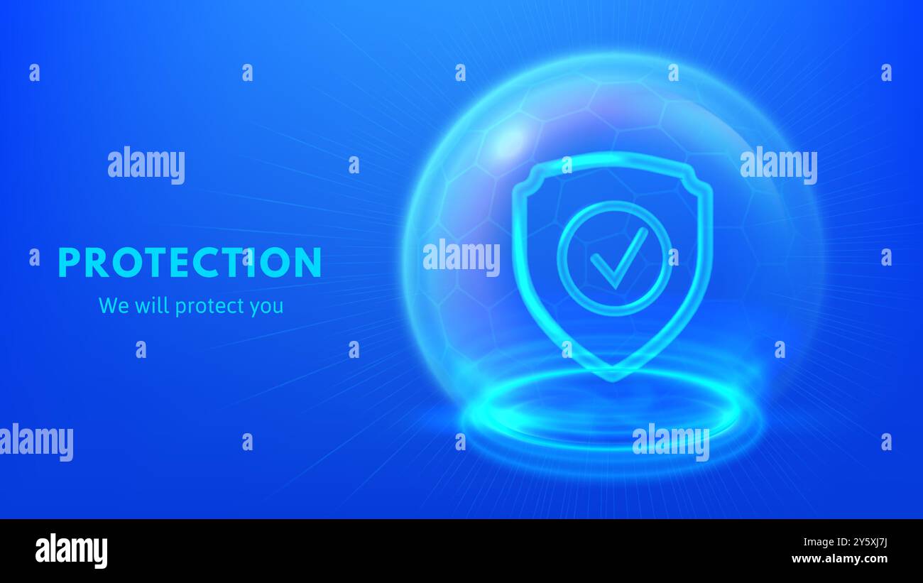 Protection shield. Wireframe secure sphere with checkmark in shield ...