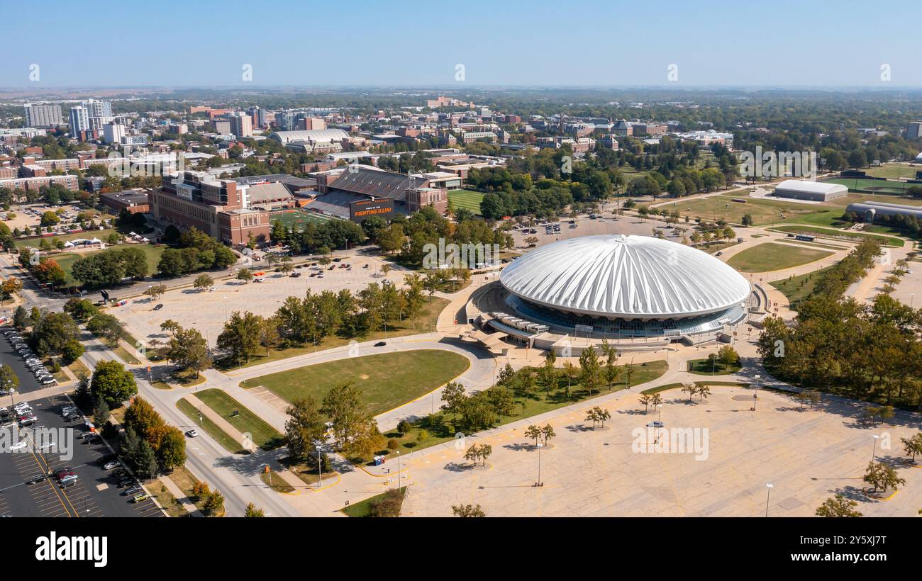 An aerial view of The Memorial Stadium and State Farm Center at the ...