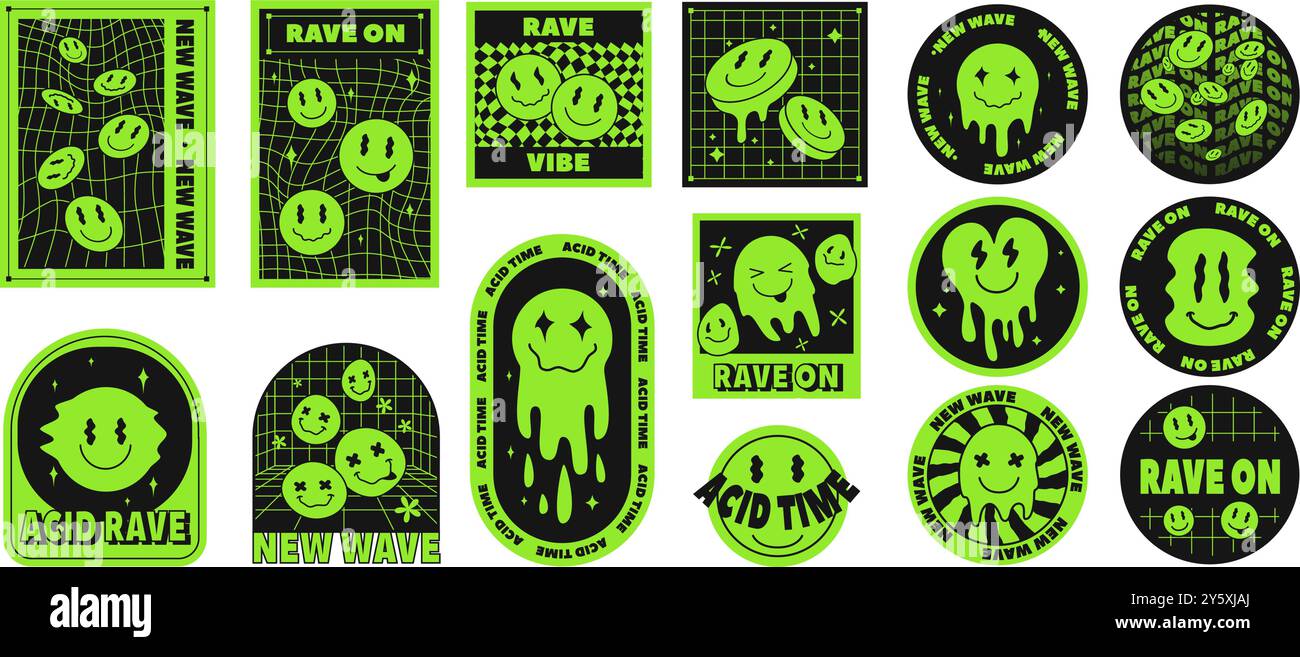 Psychedelic smile stickers. Trippy badges, neon green acid patches with ...