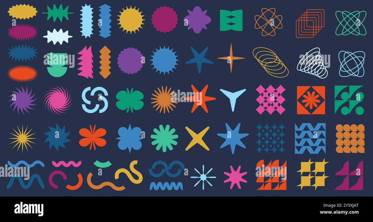 Abstract geometric shapes. Brutalist badge, minimalist figures, star sticker shape, patterns and ...