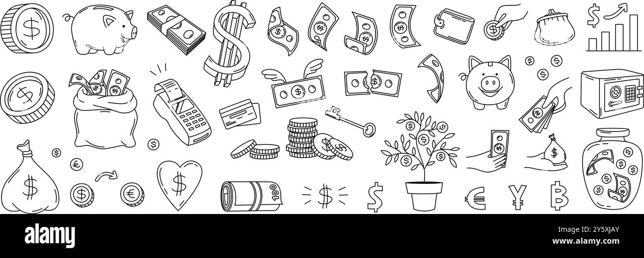 Doodle money. Banknotes and coins, money bag, credit card, piggy bank ...