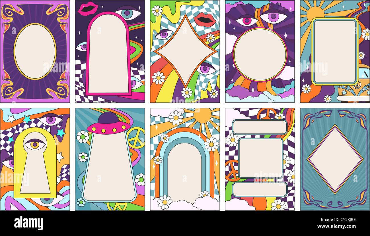 Retro psychedelic frames. Abstract groovy social media story post or ...