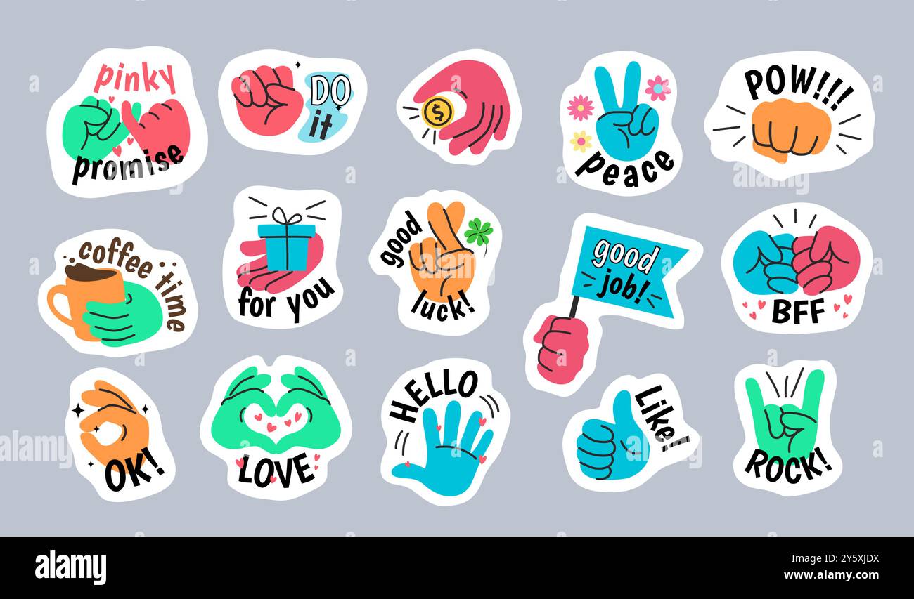 Comic hand gesture stickers. Pinky promise, crossed fingers and BFF ...