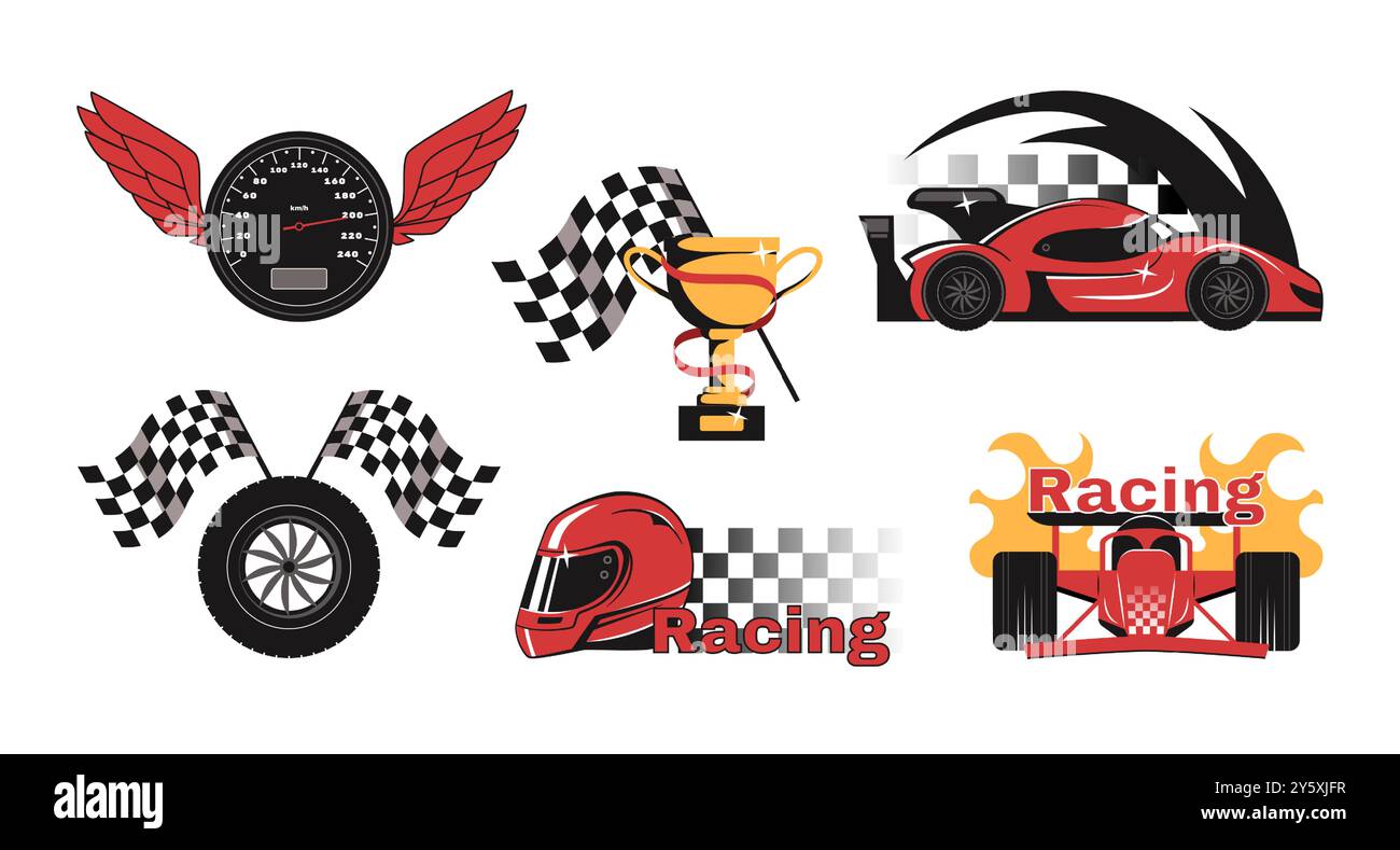 Race emblem. Speedometer with wings, racing car and helmet, fast tire ...