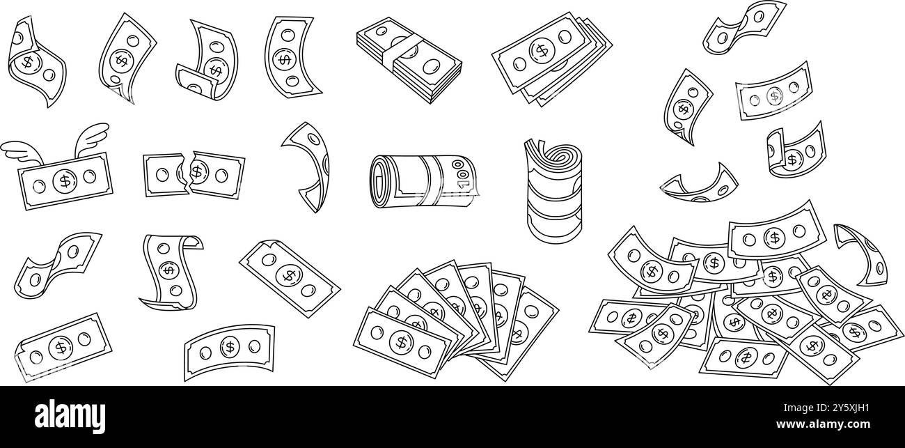 Doodle banknotes. Money bills stacks, falling finances and flying cash ...