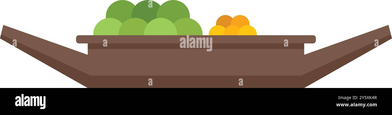 This vector illustration features a simple wooden boat carrying fruit ...
