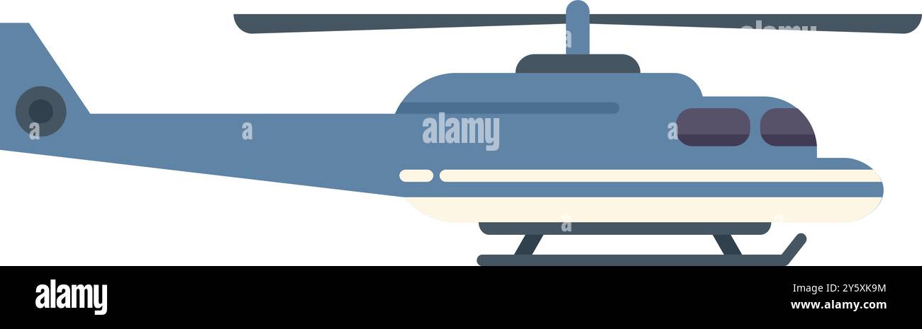 Blue helicopter hovering in the air with spinning blades, a side view ...