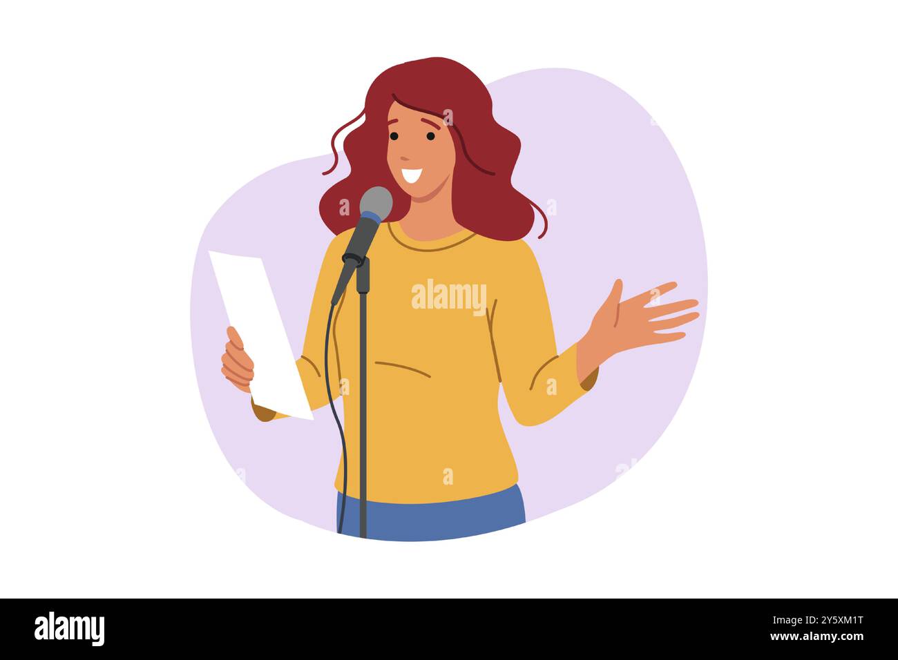 Woman speaker speaks publicly, standing near microphone and reading own ...