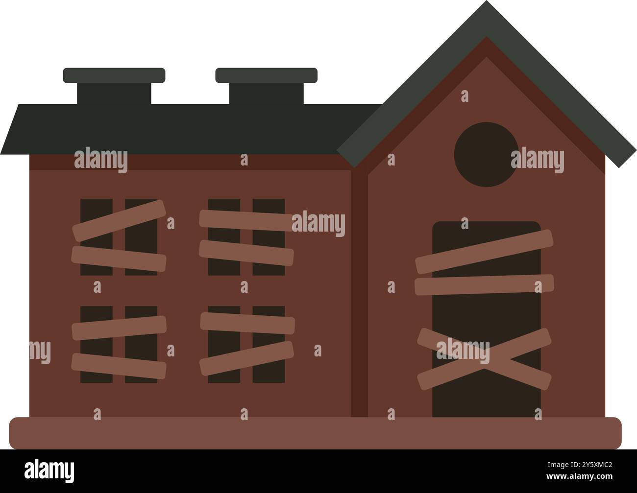 Eerie old abandoned wooden house is falling into disrepair, with boarded up windows and doors ...