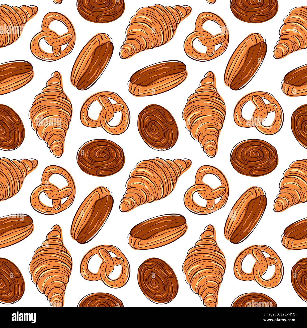 Seamless pattern with croissant, pretzel, eclair, cinnamon roll. Design ...