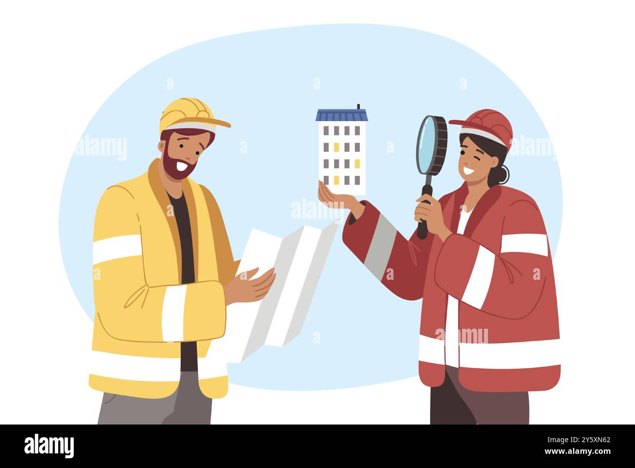 Builder and architect or engineer demonstrate teamwork by holding ...