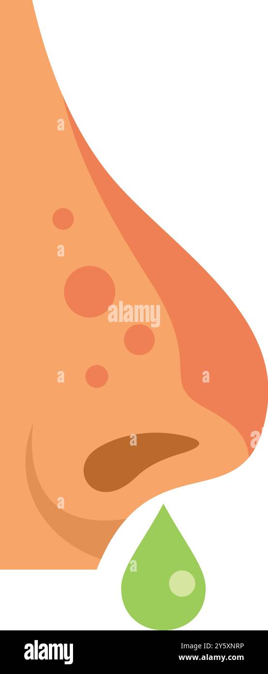 Cartoon human nose with snot dropping down, representing flu or allergy ...