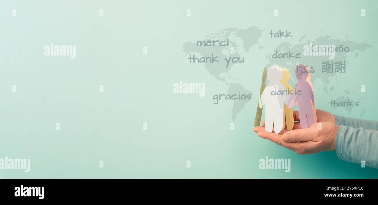 Thank you day, word thanks in different languages, world map, being ...
