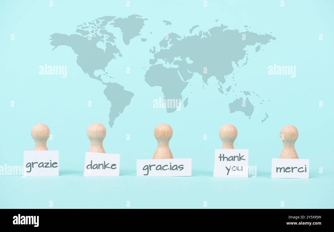 Thank you day, word thanks in different languages, world map, being ...
